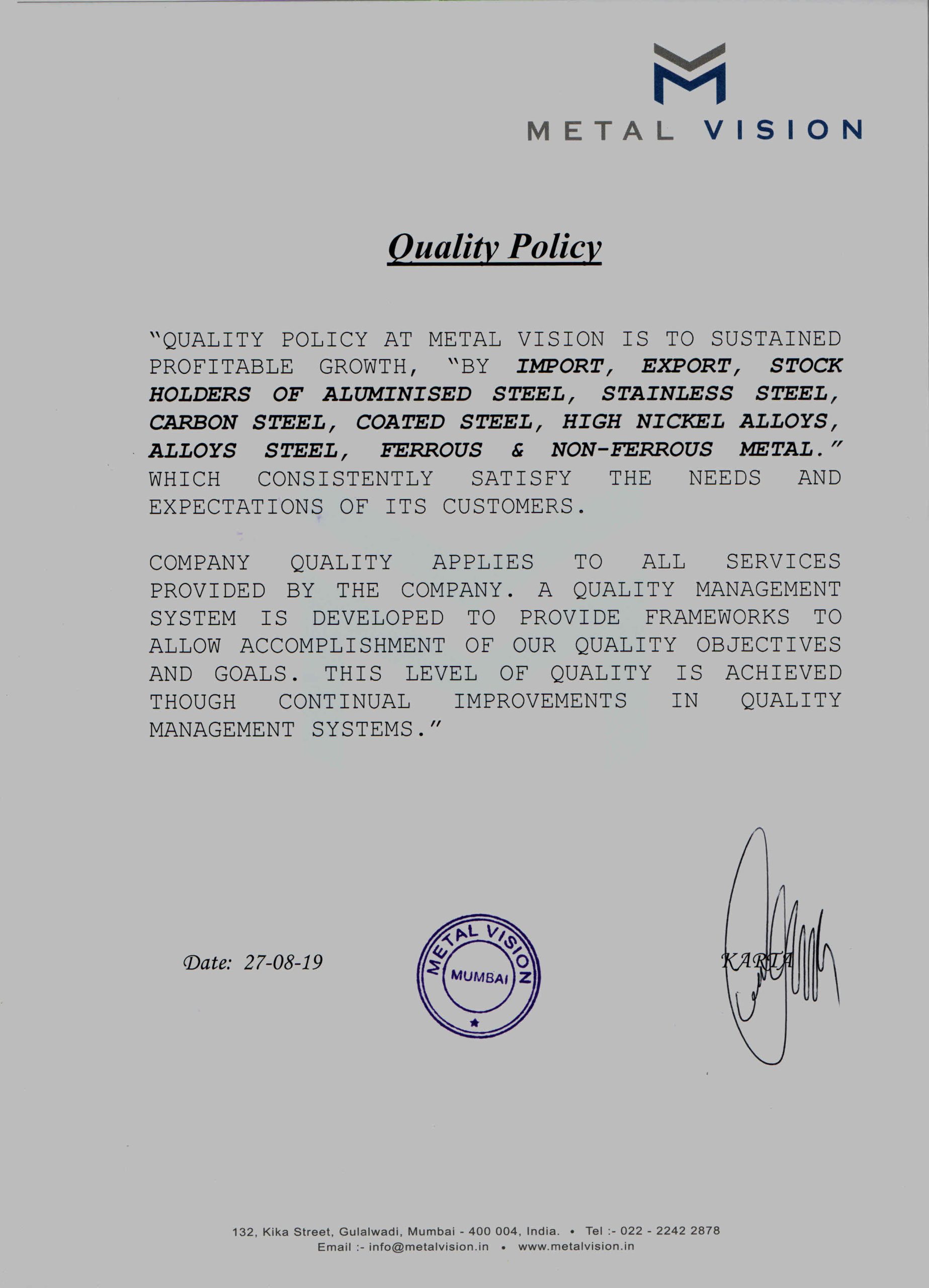 Metal Vision Quality Standards and Certificates